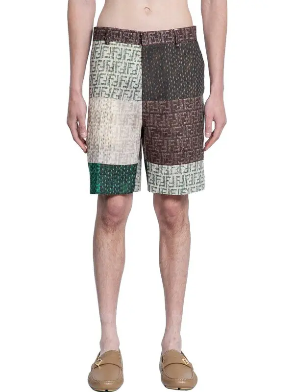 Fendi Ff Patchwork Linen Shorts - Beige