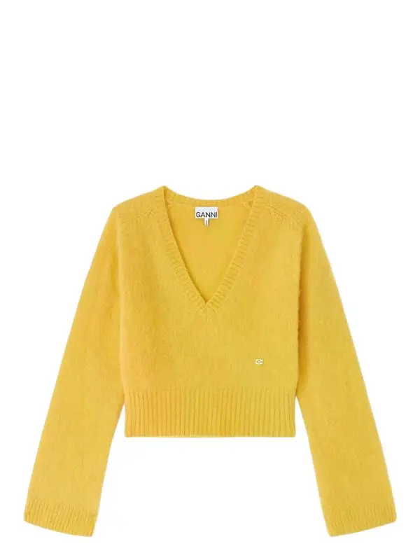 GANNI V-neck Ribbed Sweater - Yellow