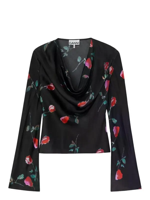 GANNI Floral Cowl-neck Top - Black