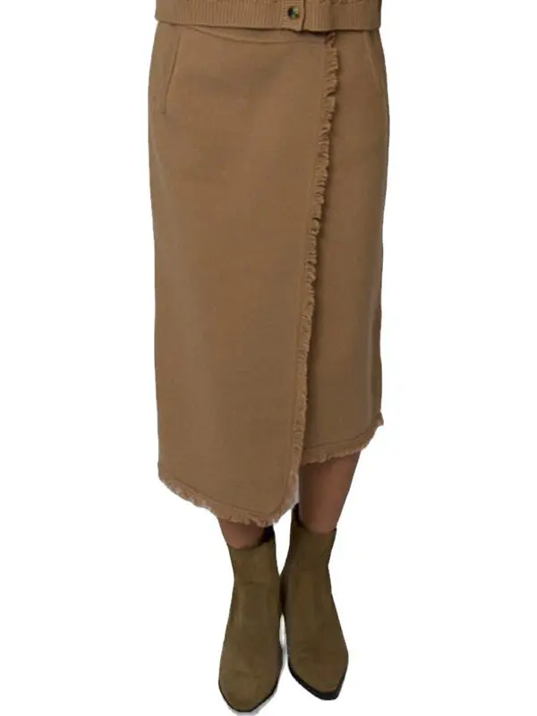 Central Park West Elyse Fringe Asymmetrical Midi Skirt - Camel