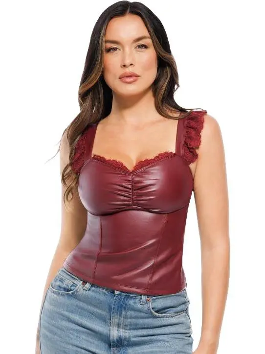 POPILUSH Lace Trim Sculpting Camisole Top - Mahogany Red