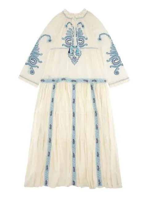 FORTELA Arsia Embroidered Cotton Kaftan Dress - Off White