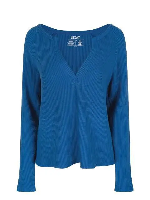 LEZAT Jules Waffle Knit Organic Cotton V-neck Pullover - Marine