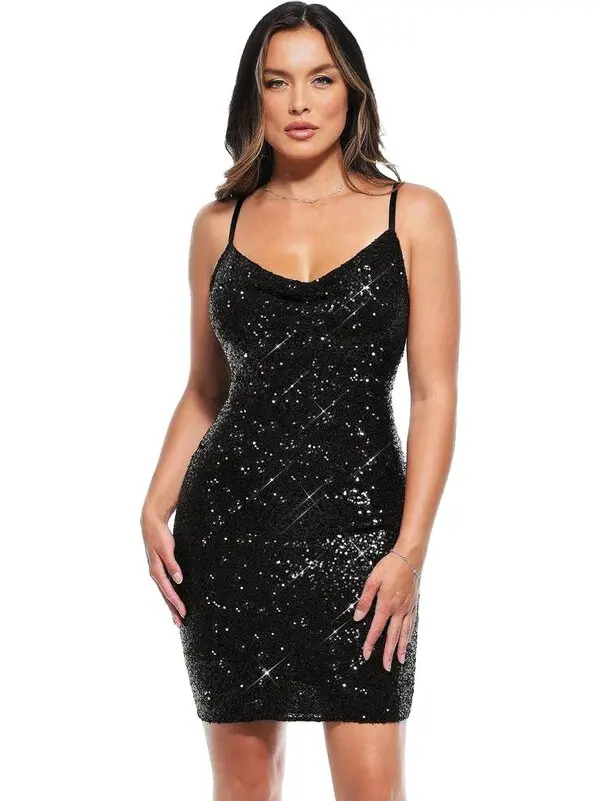 POPILUSH Sequin Cowl Neck Sculpting Mini Dress - Classic Black