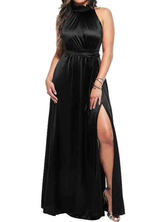 POPILUSH Draped High Neck Maxi Dress With Shapewear - Classic Black