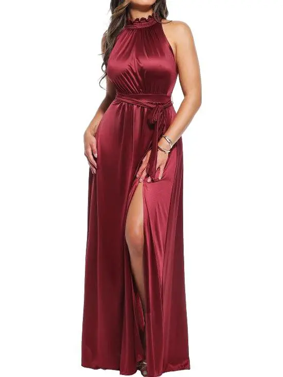 POPILUSH Draped High Neck Maxi Dress With Shapewear - Mahogany Red