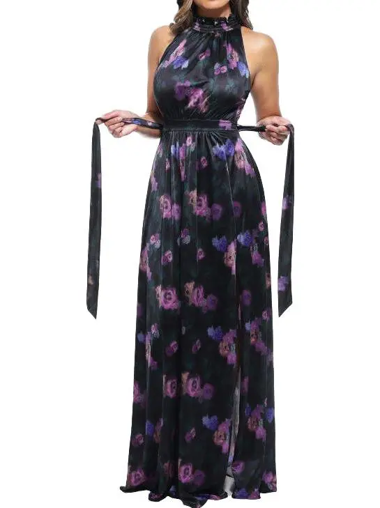 POPILUSH Draped High Neck Maxi Dress With Shapewear - Nocturne Floral