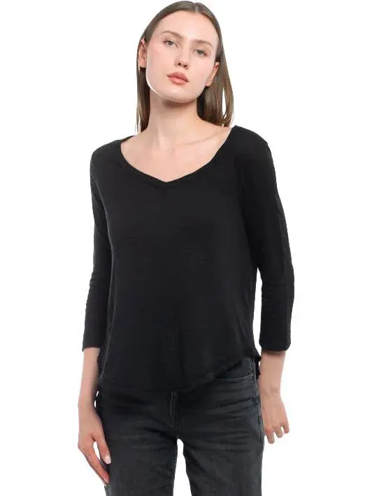 WILT CLOTHING 3/4 Sleeve V-neck Shirttail Tee With Raw Hem - Black