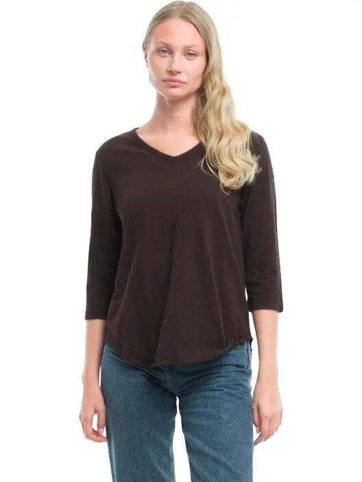WILT CLOTHING 3/4 Sleeve V-neck Shirttail Tee With Raw Hem - Chocolate Torte