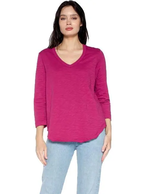 WILT CLOTHING 3/4 Sleeve V-neck Shirttail Tee With Raw Hem - Dark Mulberry