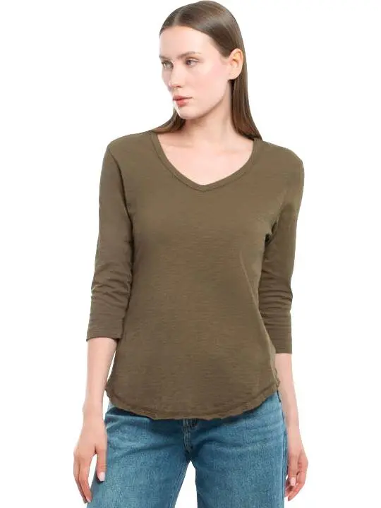 WILT CLOTHING 3/4 Sleeve V-neck Shirttail Tee With Raw Hem - Dark Olive