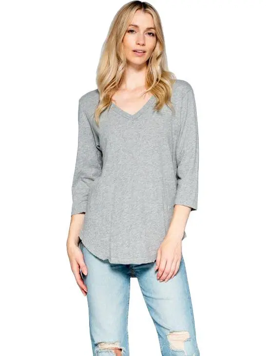 WILT CLOTHING 3/4 Sleeve V-neck Shirttail Tee With Raw Hem - Grey Heather