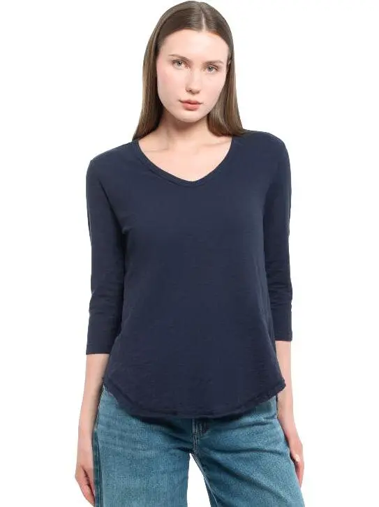 WILT CLOTHING 3/4 Sleeve V-neck Shirttail Tee With Raw Hem - Peacoat