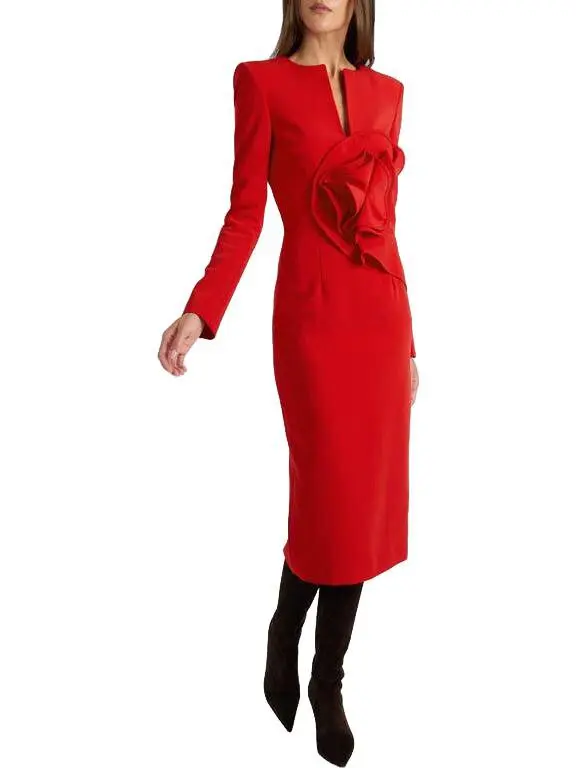 Santorelli Maya Long Sleeve Midi Dress In Stretch Crepe - Scarlet