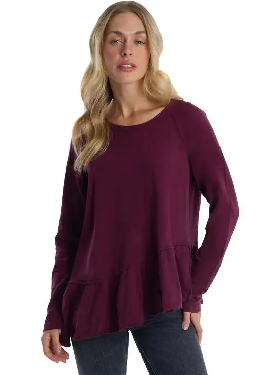WILT CLOTHING Raglan Long Sleeve Asymmetric Peplum Hem Tee - Dark Fig