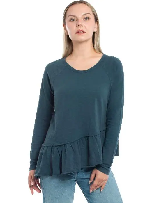 WILT CLOTHING Raglan Long Sleeve Asymmetric Peplum Hem Tee - Legion Blue