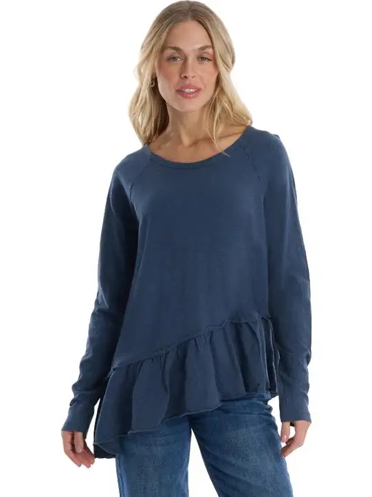WILT CLOTHING Raglan Long Sleeve Asymmetric Peplum Hem Tee - Legion Blue