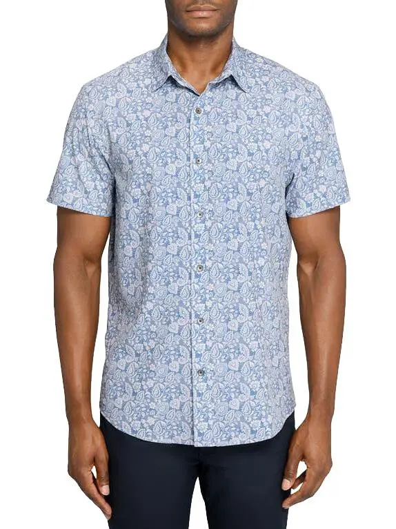 W.R.K Slim Fit Antique Floral Short Sleeve Performance Button-up Shirt - White/blue