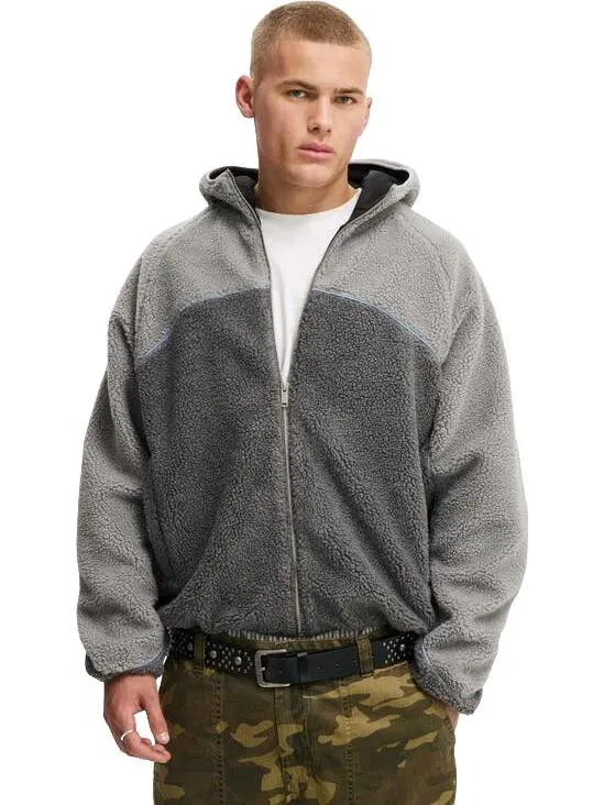 COTTON ON Hooded Teddy Jacket - Grey Panelling