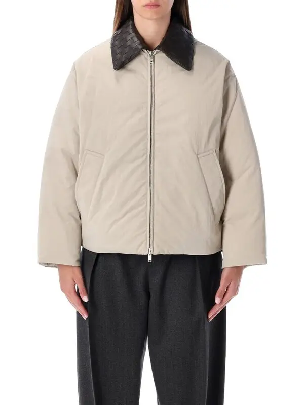 Bottega Veneta Padded Bomber With Intreccio Leather Collar - Grey Putti