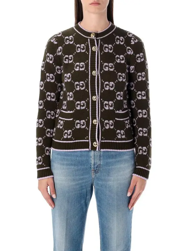 Gucci Gg Wool Bouclé Jacquard Cardigan - Miltary + Lilac