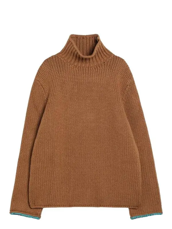 Loewe Turtleneck Wool Knit Sweater With Leather Detail - Brown
