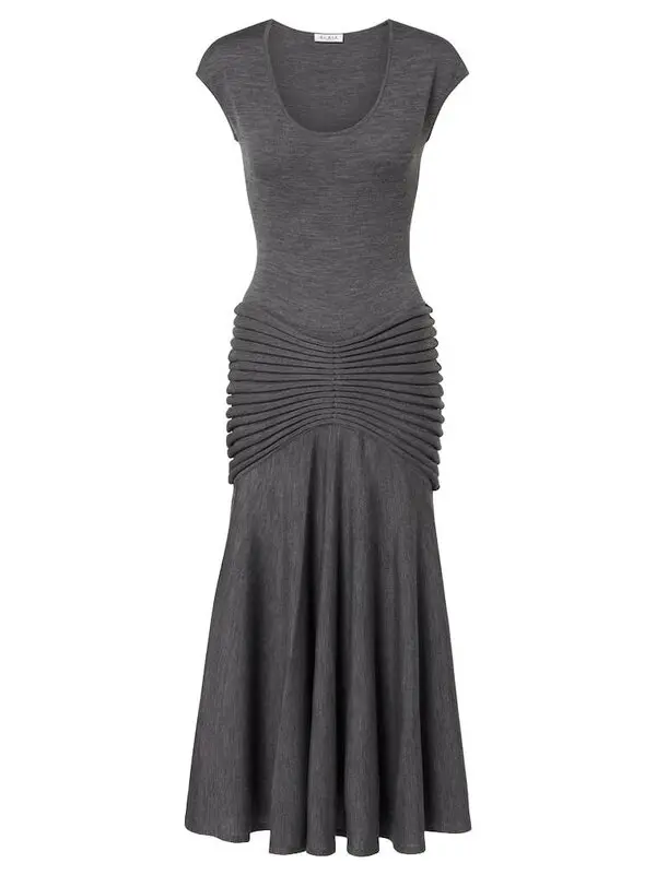 Alaïa Knitted Pleated Wool Midi Dress - Grey