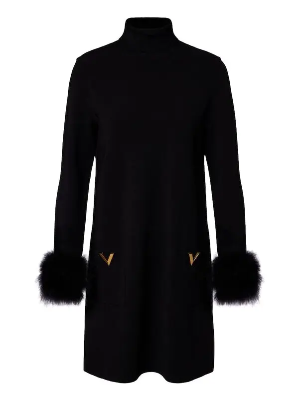 Valentino Garavani Vlogo Feather-trimmed Turtleneck Minidress - Black