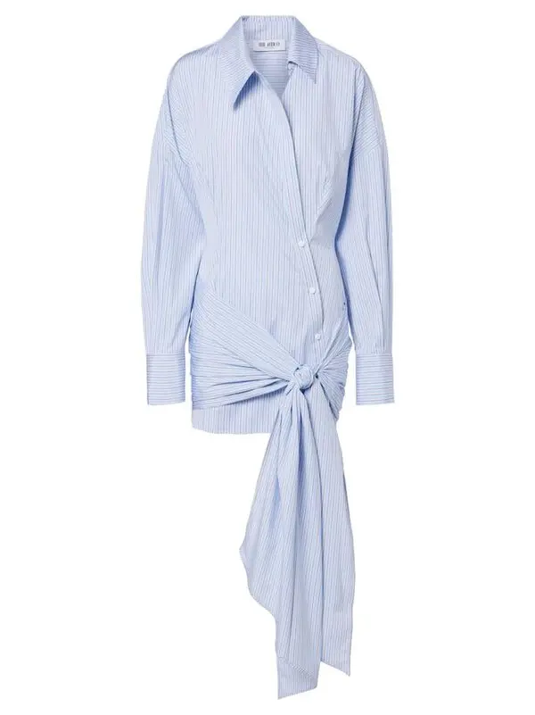 Attico Gathered Striped Cotton Shirt Dress - Blue
