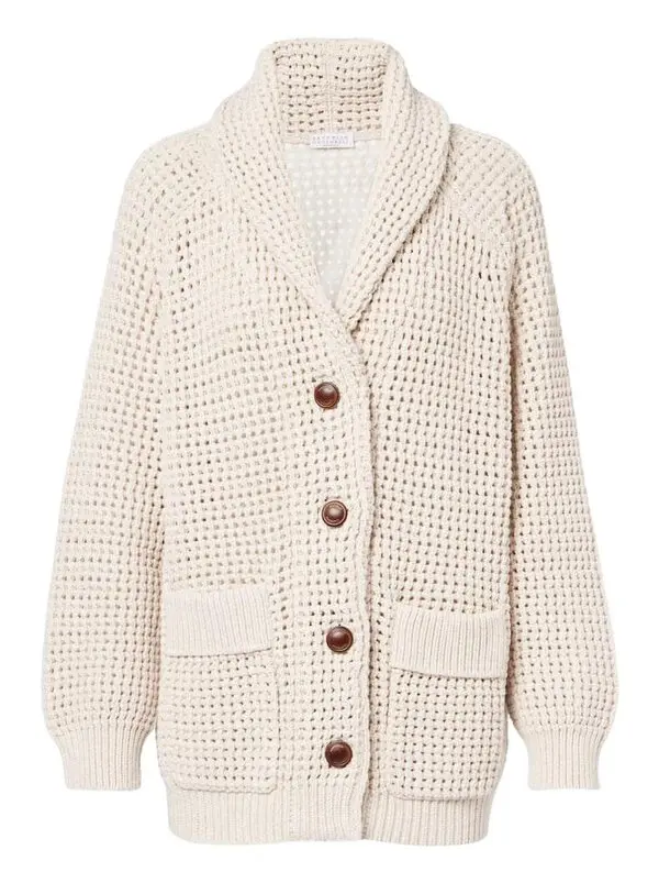 Brunello Cucinelli Open-knit Cotton-blend Cardigan - Beige