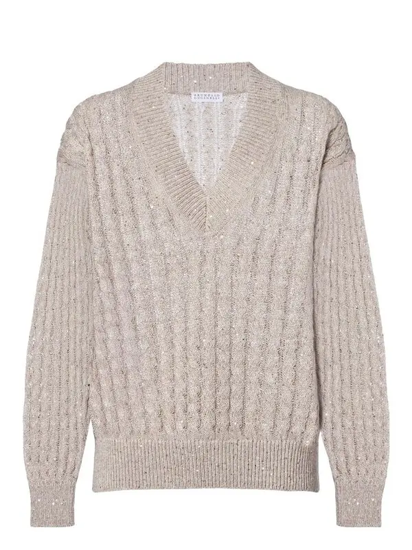 Brunello Cucinelli Sequined Linen-blend V-neck Sweater - Beige