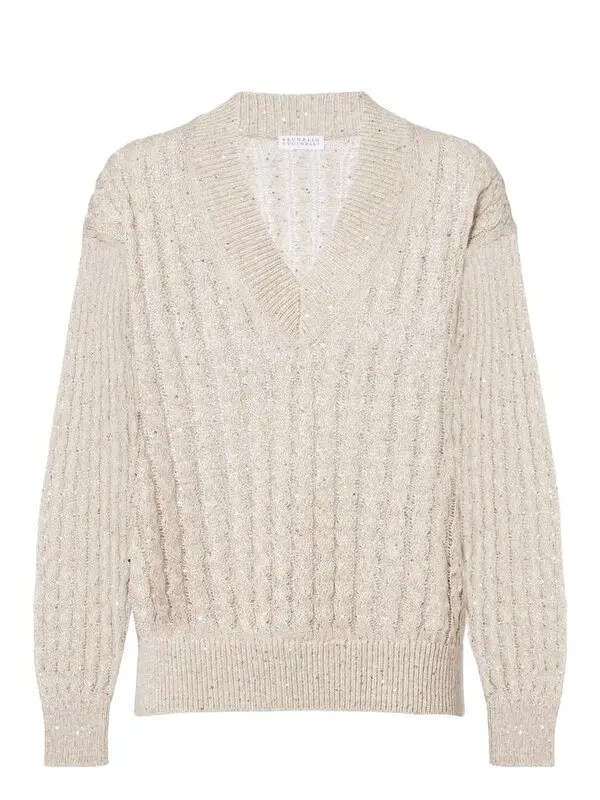 Brunello Cucinelli Sequined Linen-blend V-neck Sweater - Beige