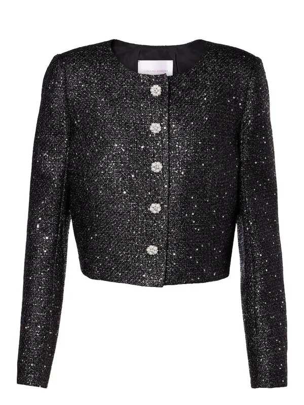 Carolina Herrera Sequined Cropped Lamé Tweed Jacket - Black