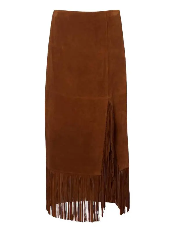 Polo Ralph Lauren Fringed Suede Midi Skirt - Brown