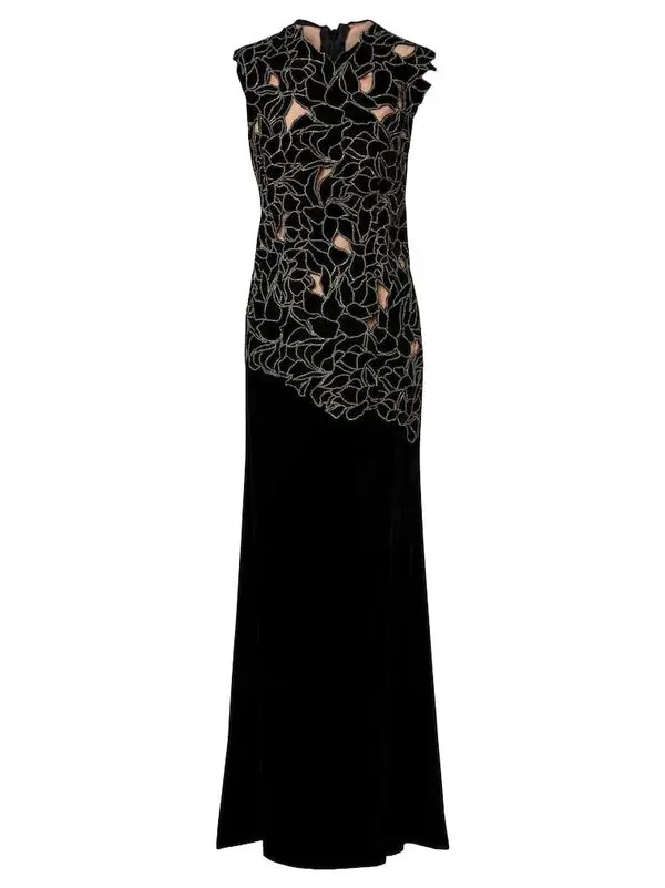 Costarellos Serisa Embellished Lace-trimmed Velvet Gown - Black