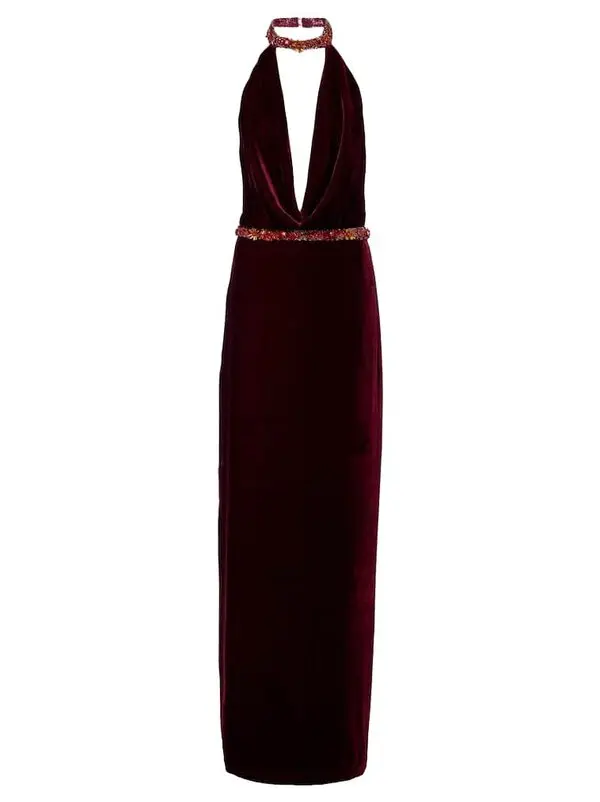 Costarellos Draped Embellished Halterneck Velvet Gown - Red