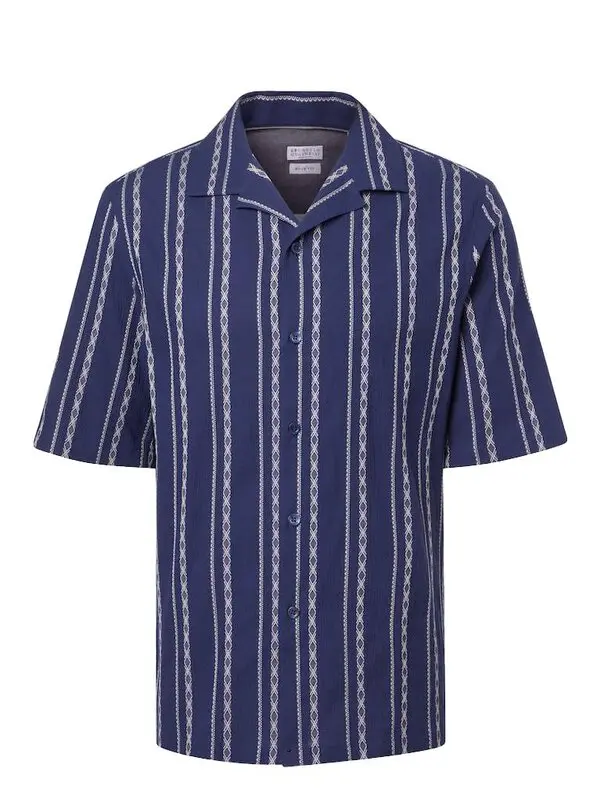 Brunello Cucinelli Printed Cotton Bowling Shirt - Blue