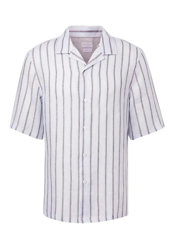 Brunello Cucinelli Striped Linen Bowling Shirt - Blue