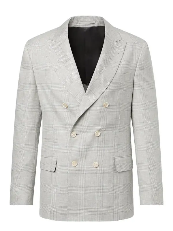 Brunello Cucinelli Checked Double-breasted Wool Blazer - Grey
