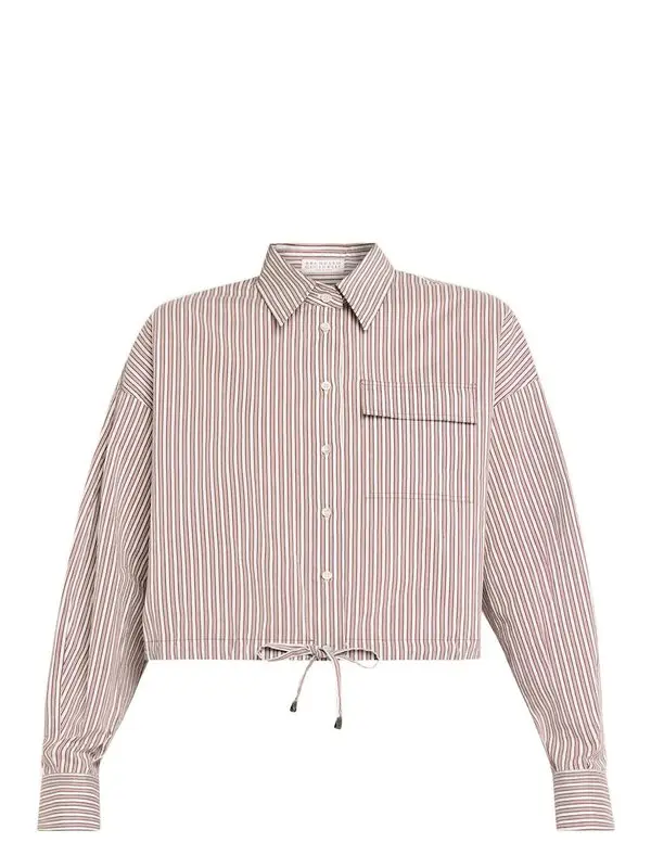 Brunello Cucinelli Striped Cotton-silk Drawstring Button-down Shirt - White/light Blue