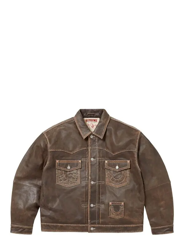 Supreme X True Religion Leather Trucker Jacket - Brown