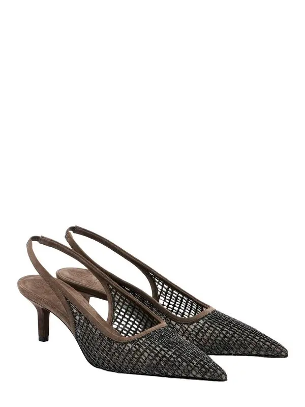 Brunello Cucinelli Monili Suede-trimmed Slingback Pumps - Green