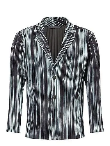 Issey Miyake Brushstroke Striped Pleated Knitted Jacket - Black