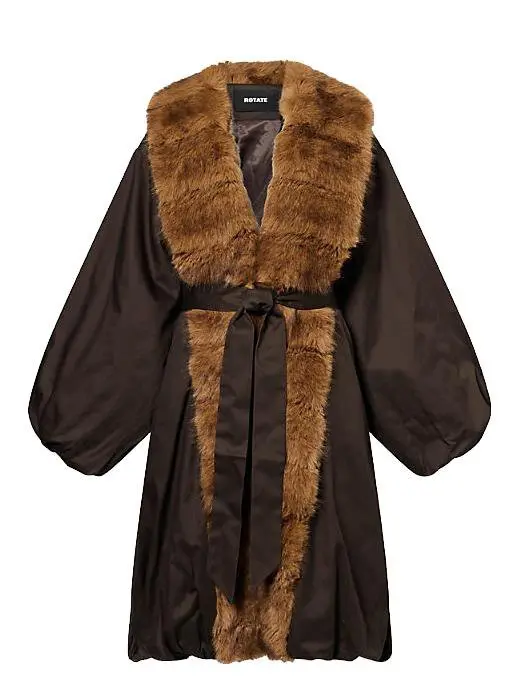ROTATE BY BIRGER CHRISTENSEN Faux-fur-collar Belted Woven Coat - Espresso