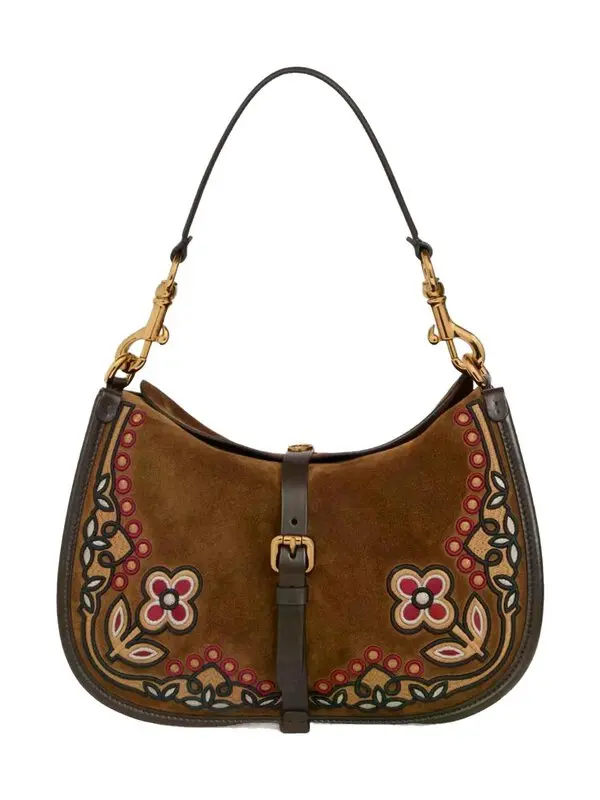 Etro Floral-embroidery Suede Shoulder Bag - Brown