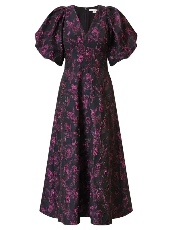 KAY UNGER Grace Blouson-sleeve Floral Jacquard Midi Dress - Dk. Twilig
