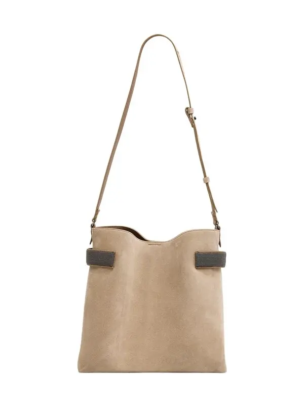 Brunello Cucinelli Monili-trim Suede Crossbody Bag - C5859 Ice