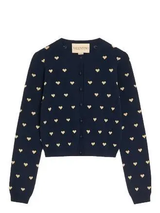 Valentino Garavani Wool Cardigan With Lace Inlays - Navy / Blue