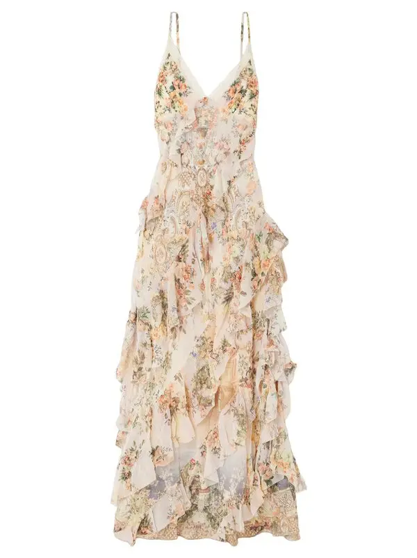Camilla Lace-trimmed Ruffled Floral-print Silk-chiffon Maxi Dress - Multi
