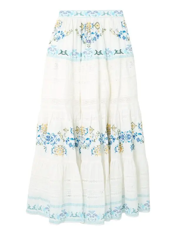 Camilla My Homespun Heart Lace-trimmed Embroidered Printed Tiered Cotton And Silk-blend Maxi Skirt - White